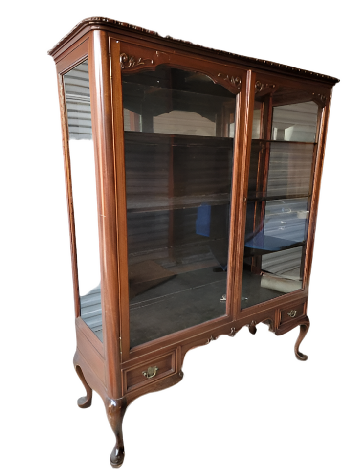 Antique Queen Anne Style Mahogany Glass Panel 2 Door Bookcase/Display ...