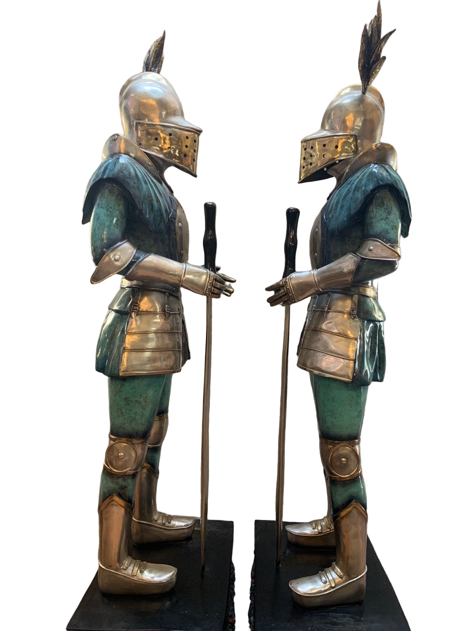 Vintage Life Size Medieval Bronze Knight Statues on Mounted Bronze Sta ...